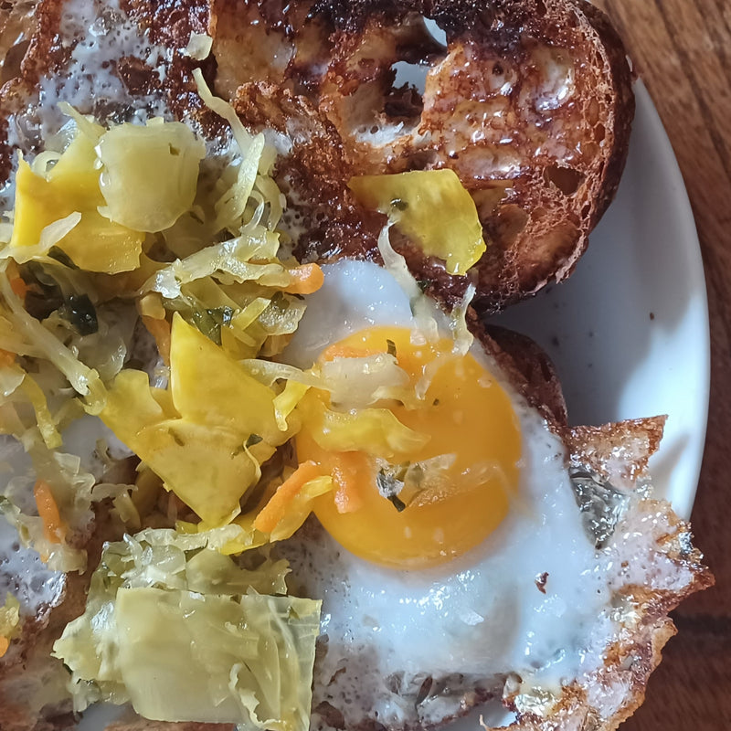 Five Minute Breakfast - Eggs Fried In Olive Oil w SauerKraut On Toast ...